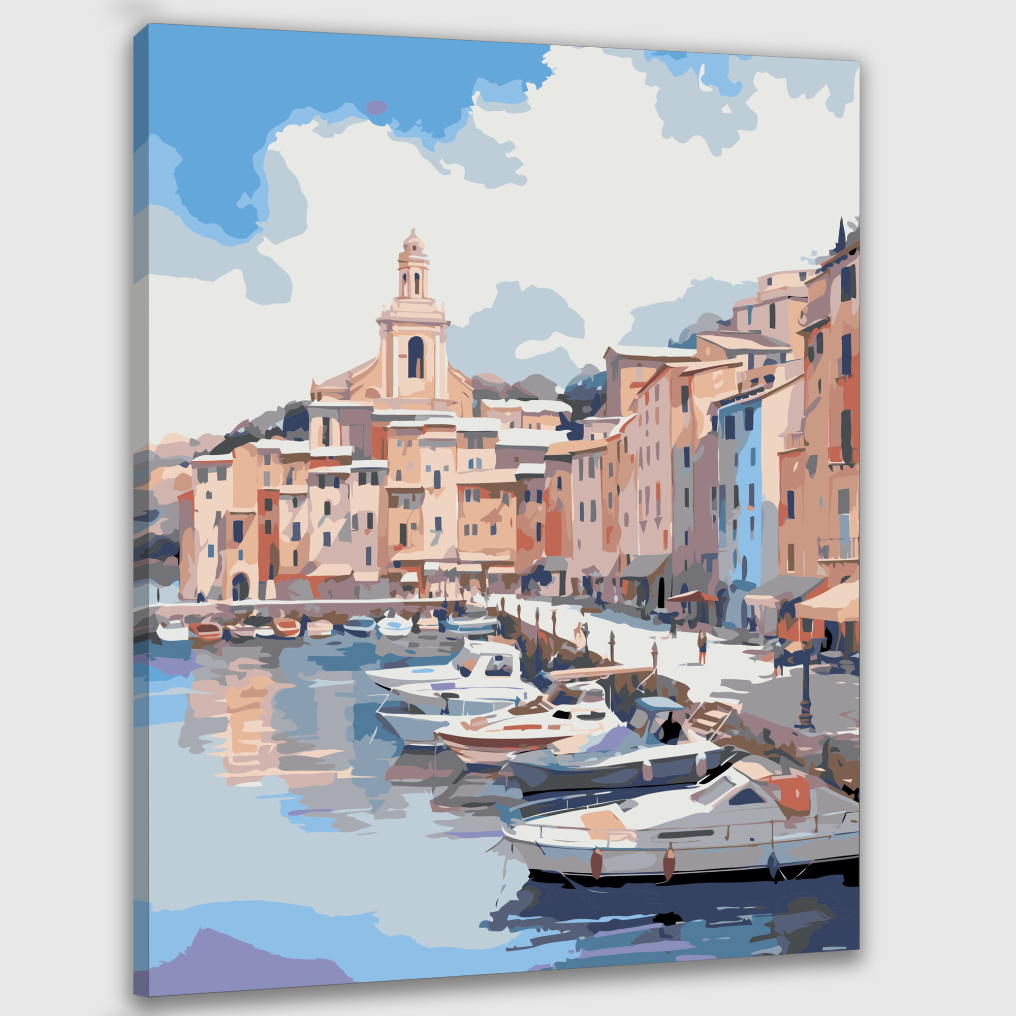 Картина по номерам 40x50 см, акварельная иллюстрация, итальянская пристань, яхты, гавань, лодки, приморские кафе