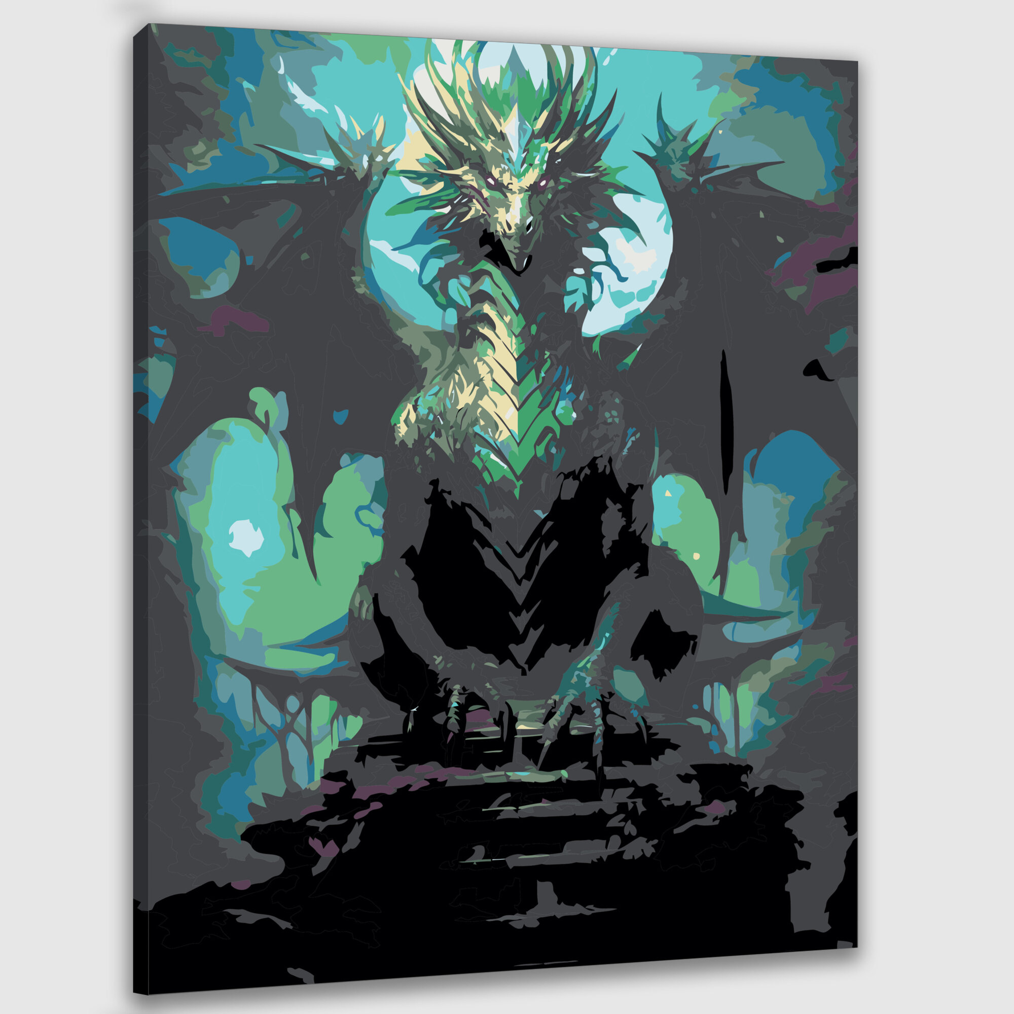 Картина по номерам 40x50 см, зеленый дракон, изумрудные оттенки, каменный пьедестал, заколдованный лес