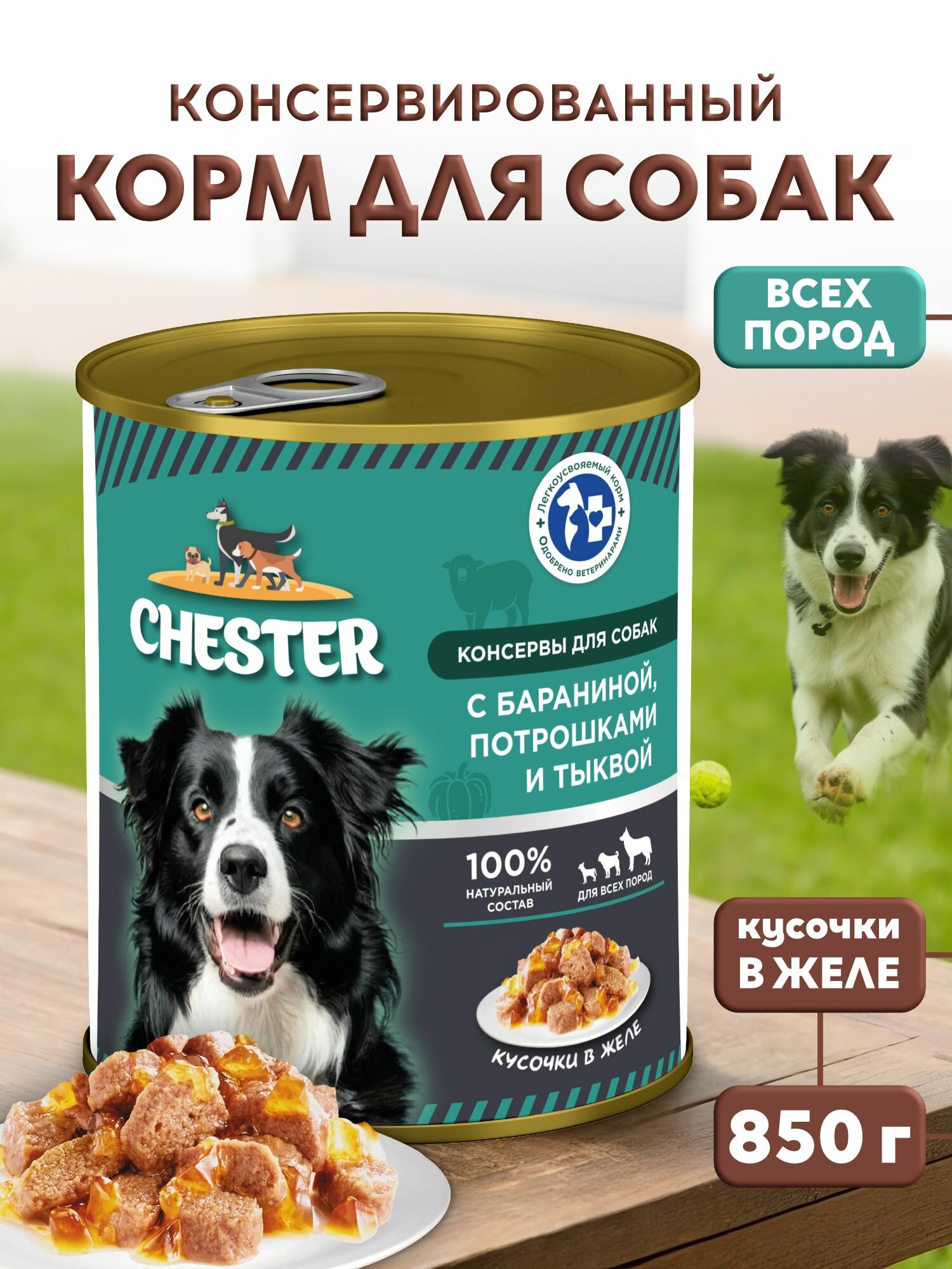 Влажный корм кусочки в желе CHESTER для всех пород с бараниной, потрошками и тыквой 850 г