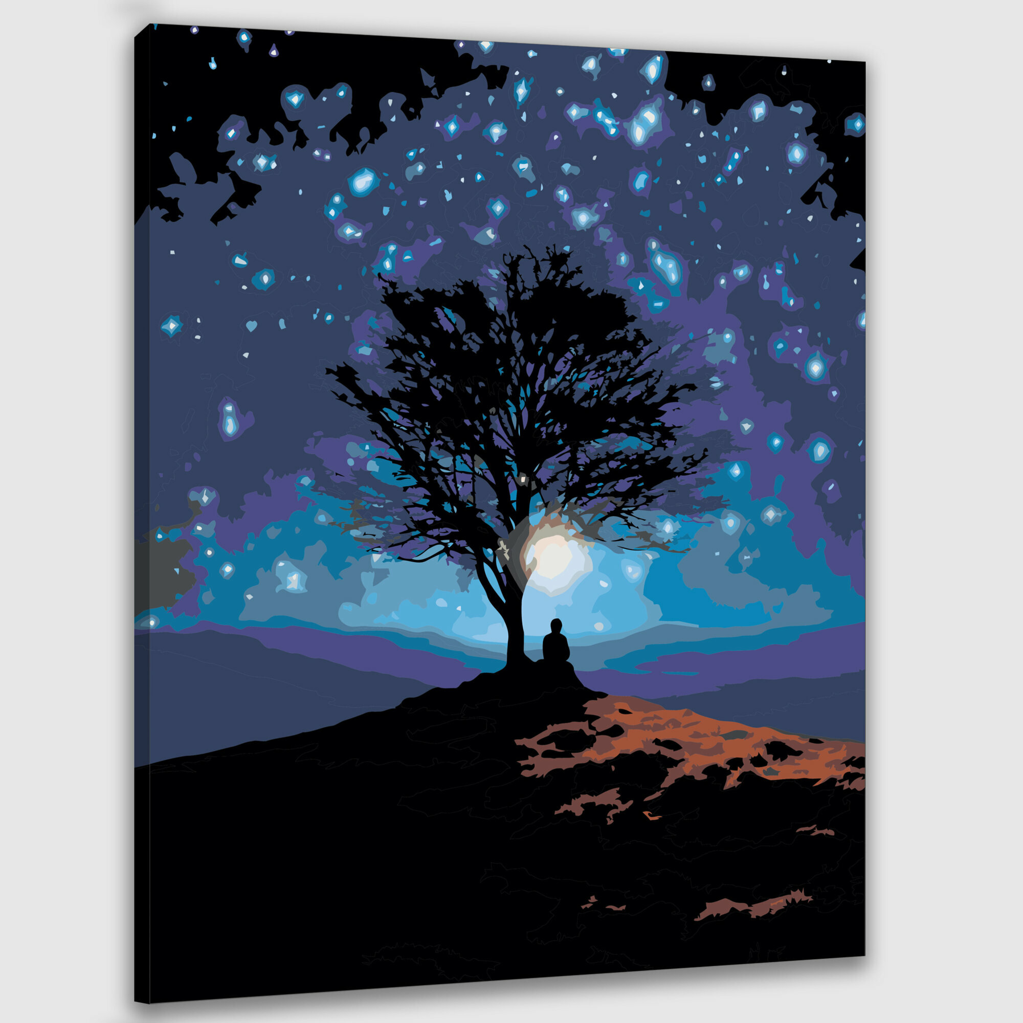 Картина по номерам 40x50 см, звездочет, холм, звезды, Млечный Путь, связь, космос, фотография, силуэт, сияние