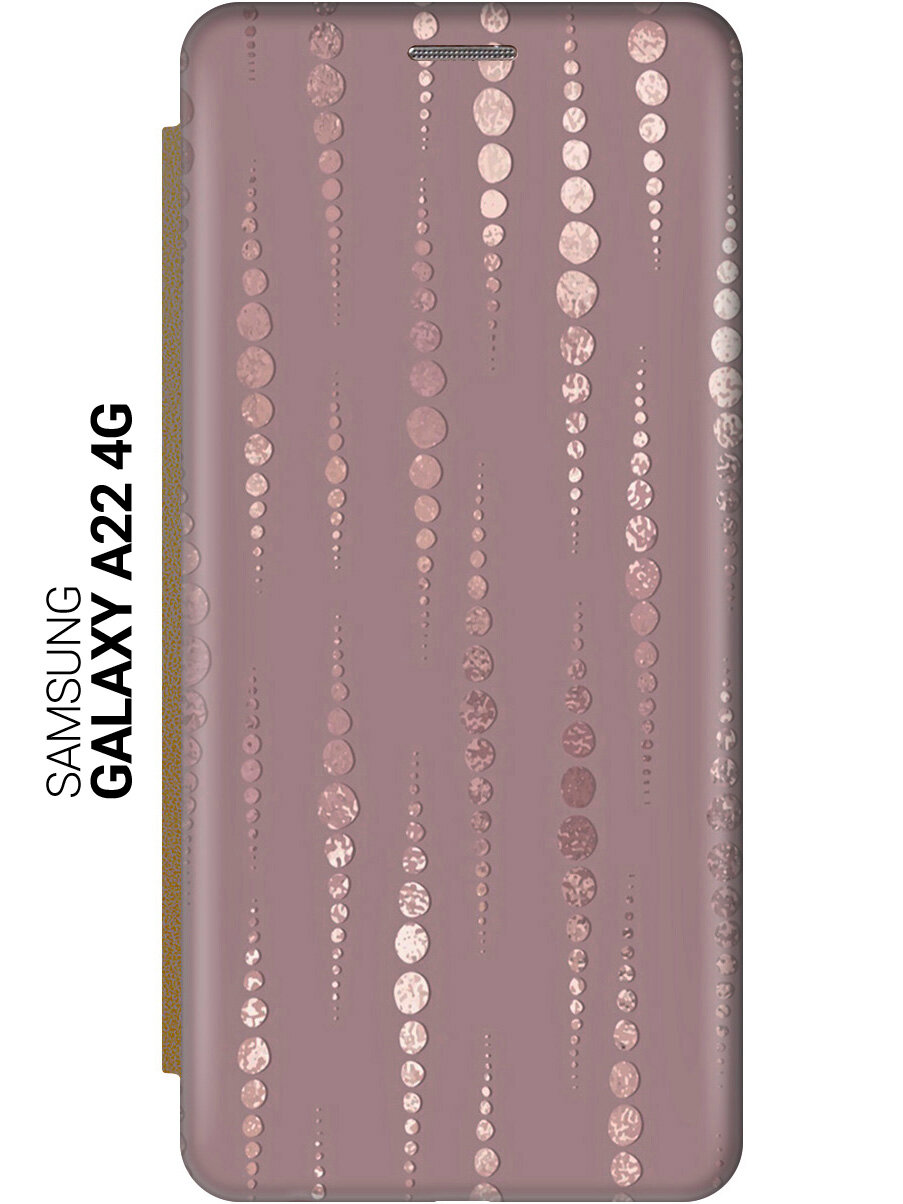 Чехол-книжка на Samsung Galaxy A22, M32, M22, Самсунг А22, М32, М22 с 3D принтом "Монеты в розовых песках" золотой