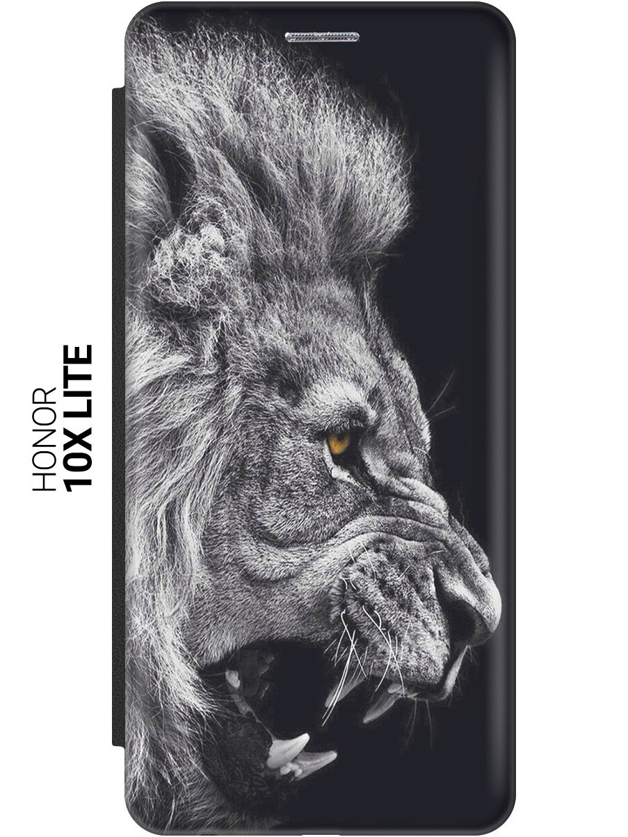 Чехол-книжка на Honor 10x Lite, Хонор 10Х Лайт с 3D принтом "Морда льва" черный