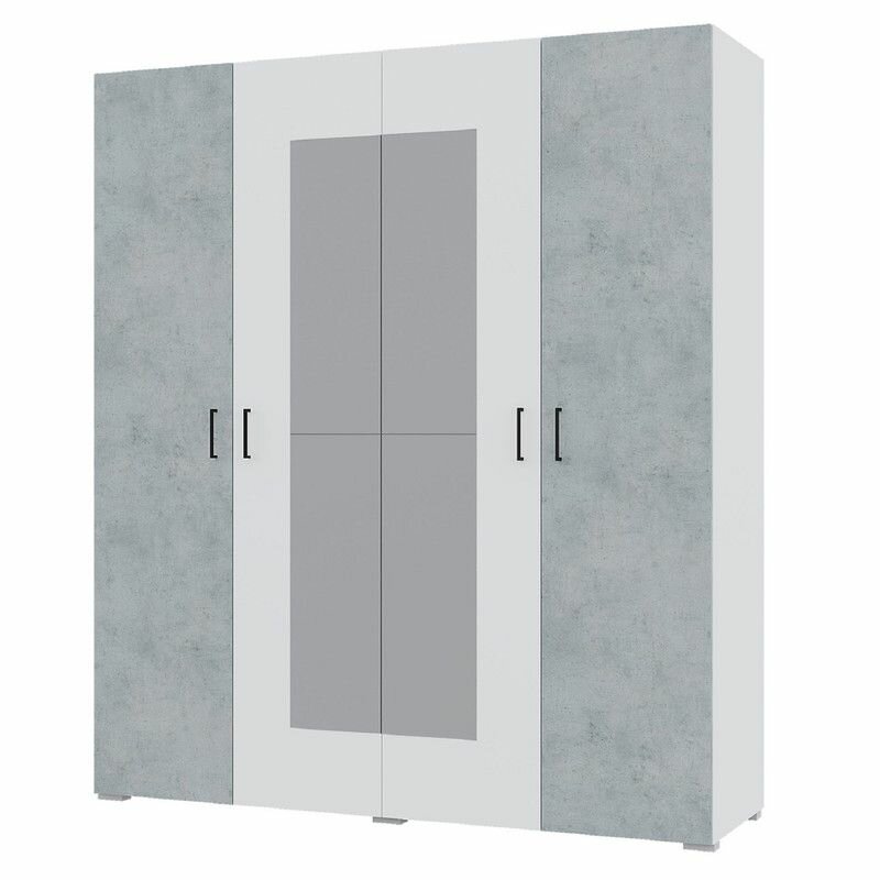 Шкаф 4ств 1800 Бостон с зеркалом 400, цвет Белый/Бетон (штанга+полки)