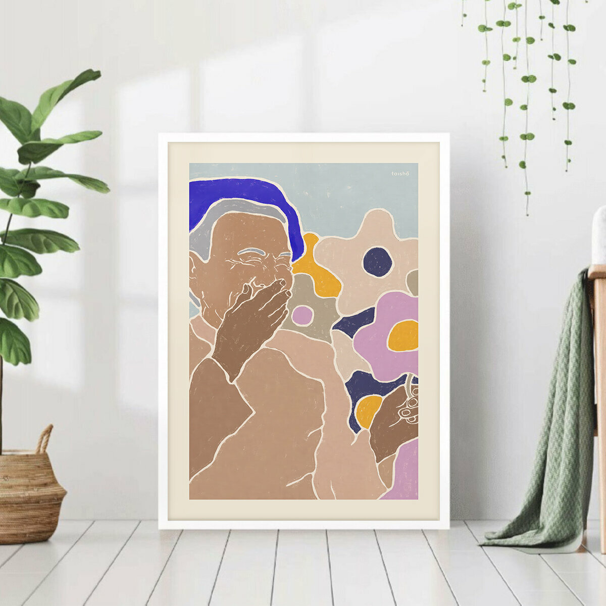 Постер "Японец дедушка смеется" в белой рамке 50x70 см для интерьера на стену