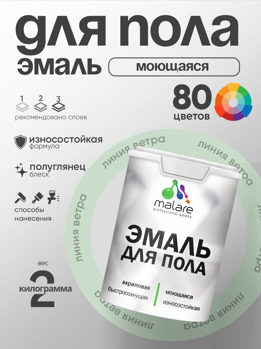 Эмаль Malare для пола акриловая, экологичная без запаха, износостойкая, быстросохнущая, моющаяся, полуглянцевая, линия ветра, 2 кг.