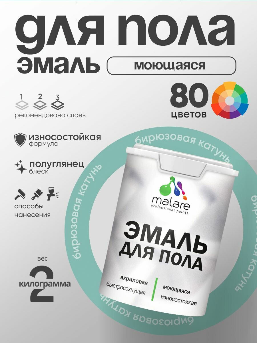 Эмаль Malare для пола акриловая, экологичная без запаха, износостойкая, быстросохнущая, моющаяся, полуглянцевая, бирюзовая катунь, 2 кг.