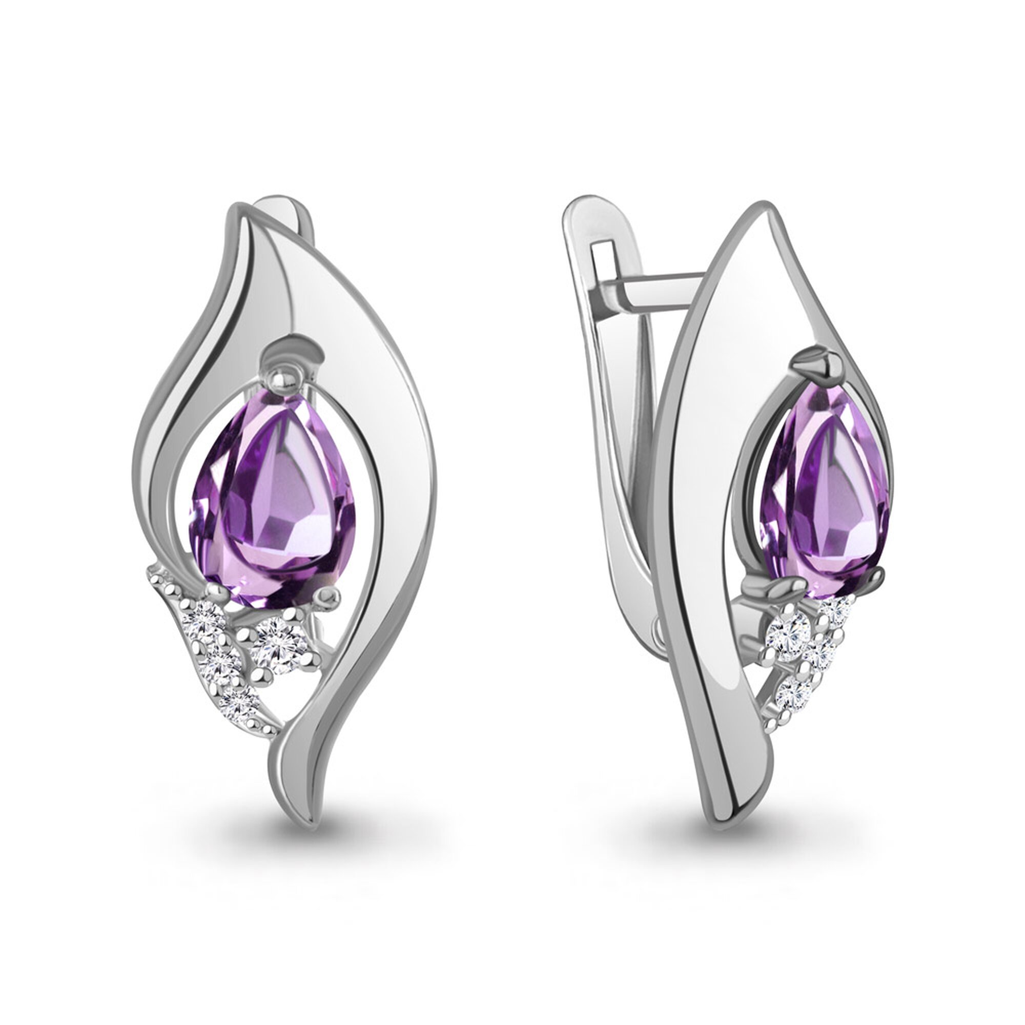 Серьги, серебро, 925 проба, родирование, аметист, фианит