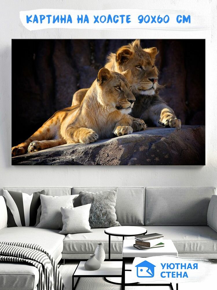 Картина на натуральном холсте Уютная стена "Лев и львица на камнях" 90х60 см