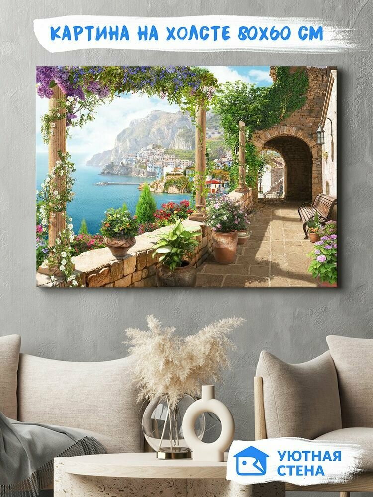 Картина на натуральном холсте Уютная стена "Терраса украшенная цветами" 80х60 см