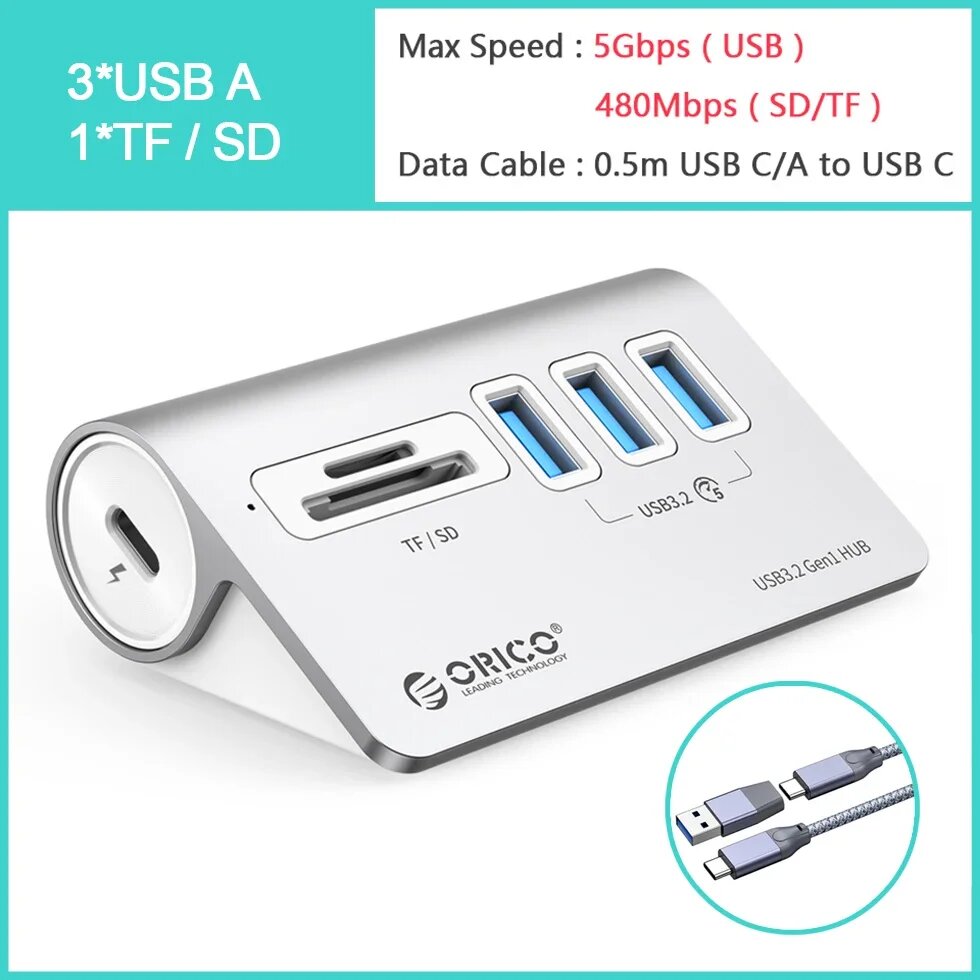 ORICO USB 3.2 Хаб с кардридером 3USB A-1TF SD