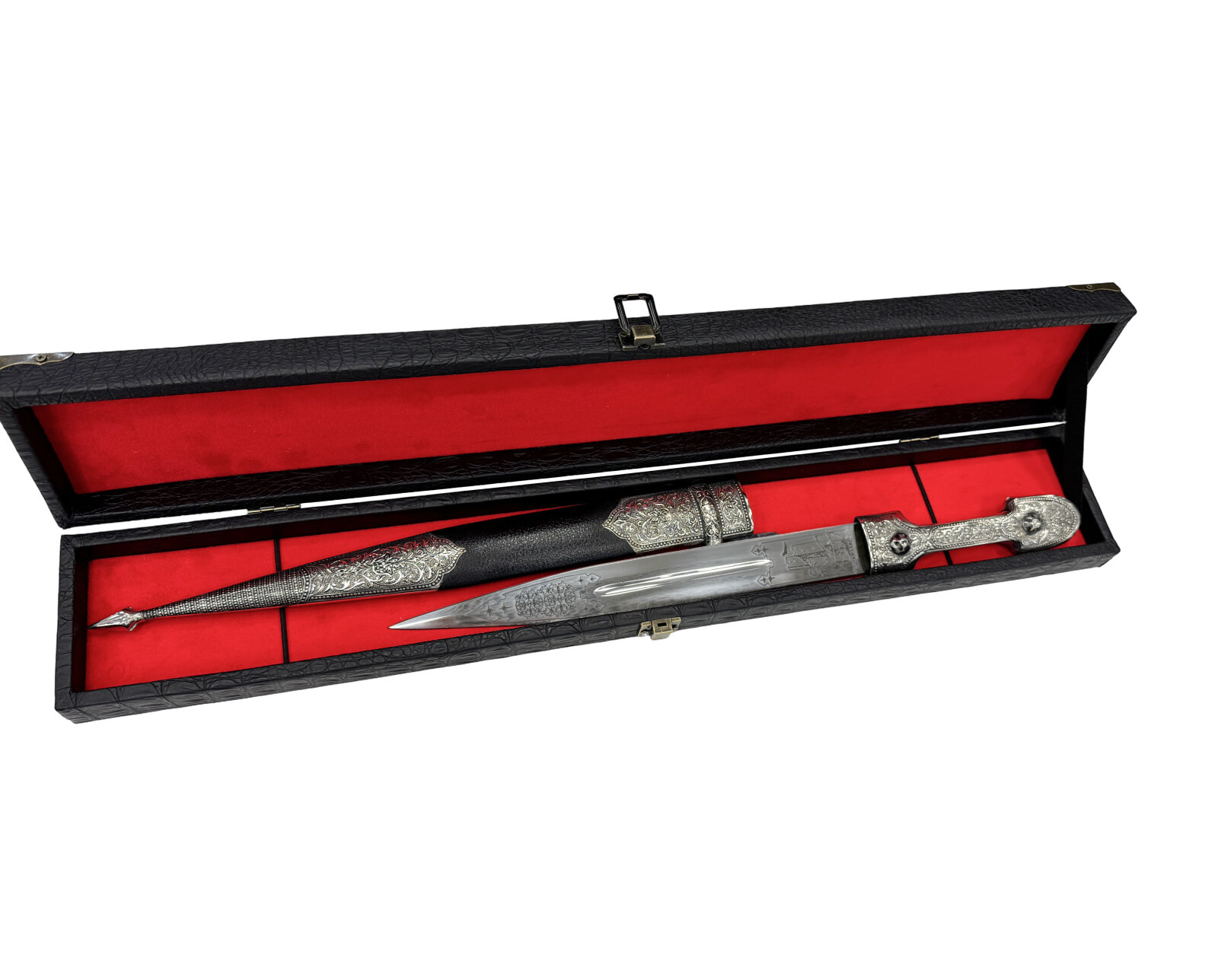 Кинжал Кавказский в футляре, мельхиор, кожа, Кизляр