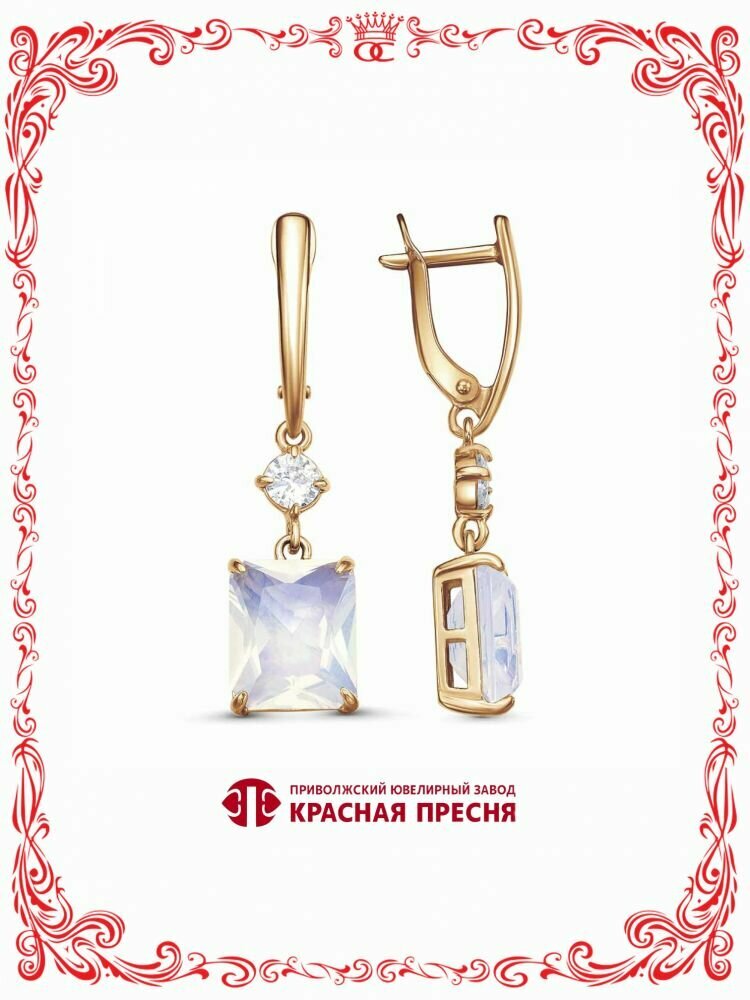 Серьги, серебро, 925 проба, золочение, фианит, лунный камень синтетический