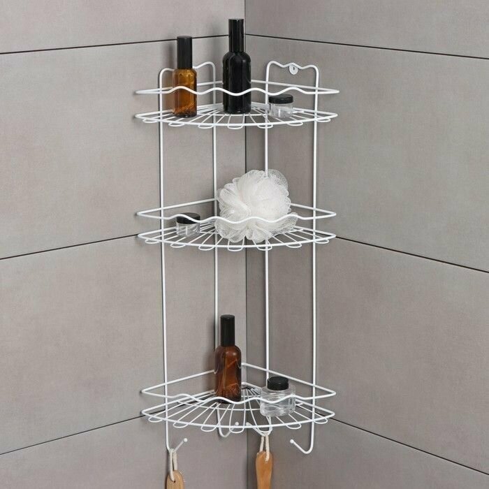 Полка для ванной угловая 3-х ярусная Волна, 24 24 64 см, цвет белый