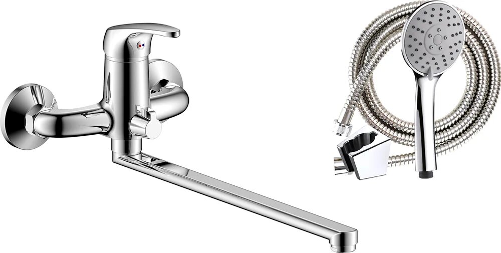 Смеситель с длинным изливом для ванны Olive'S Avila 02221AV с душевым гарнитуром, поворотный, латунный, хром, глянцевый, смеситель для ванны с душем, рычажный, с настенным держателем