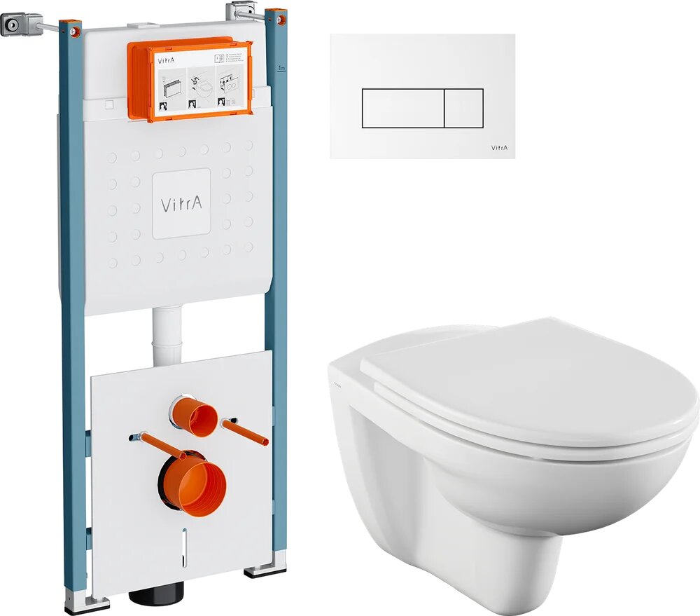 Комплект 4 в 1 Унитаз подвесной Norm Fit 6855B099-1777 / Сиденье VitrA Norm 84-003-749 с микролифтом / Инсталляция V-Fix Core 732-5800-01PV, Кнопка Root Square 740-2300 цвет глянцевый белый