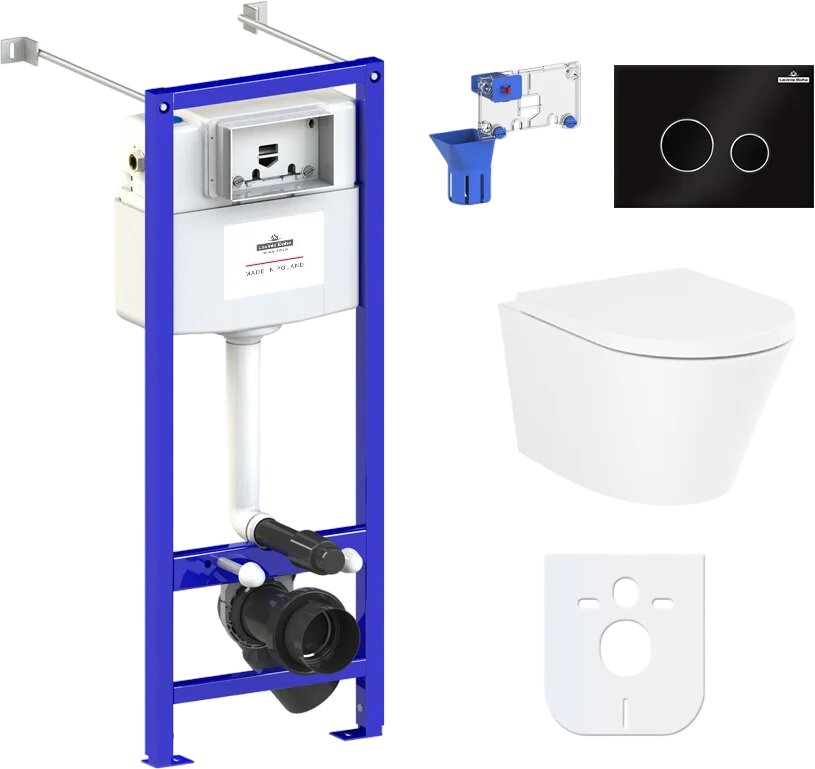 Комплект Lavinia Boho Унитаз подвесной Biore Compacto Rimless 3304101C / Крышка-сиденье Biore 33290420 с микролифтом / Инсталляция RelFix 38010020, Кнопка RelFix 3805004B глянцевая черная, хром, Дозатор RelFix 38040010