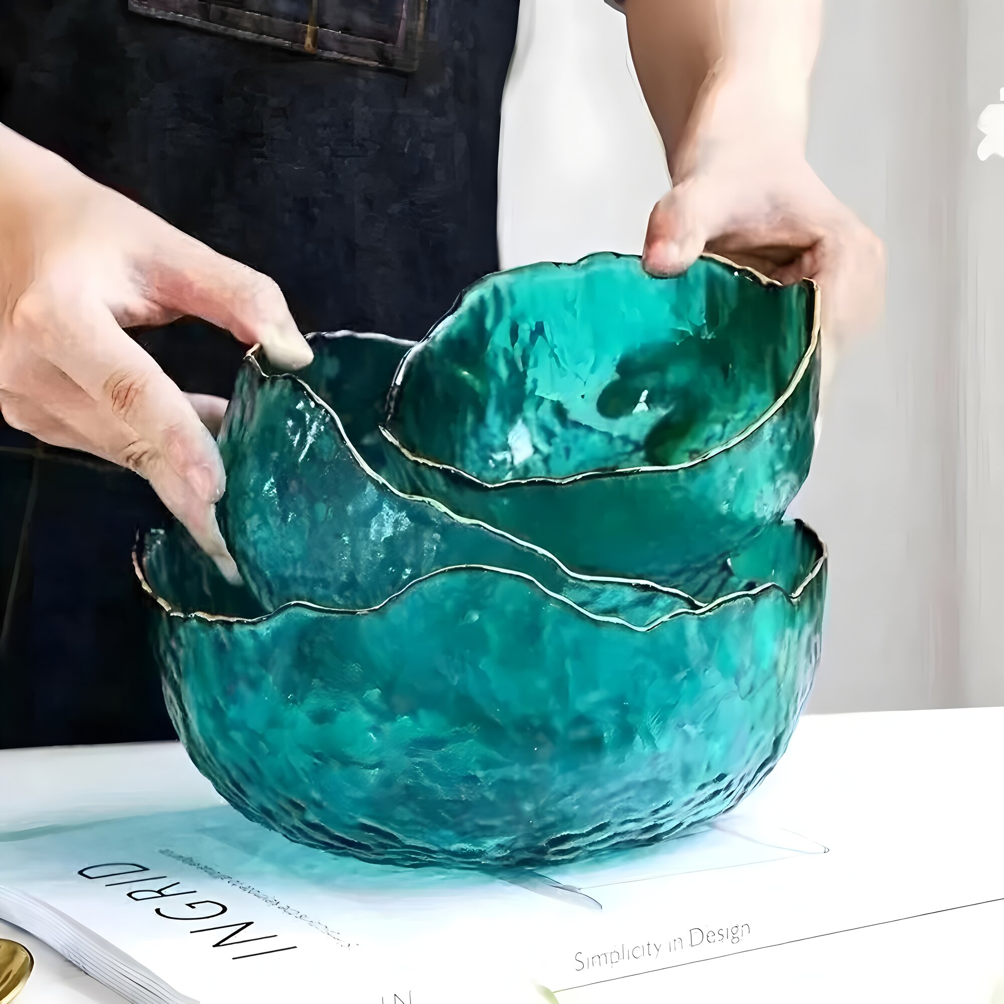 Салатники Nouvelle Home Frost, стекло, бирюзовые, 3 предмета