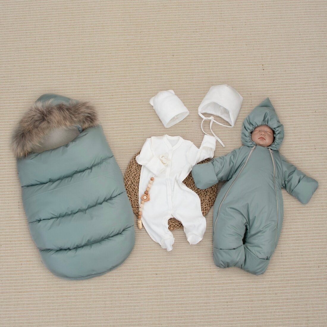 Комплект на выписку 5 предметов "Скандинавия", с опушкой, зимний, полынь