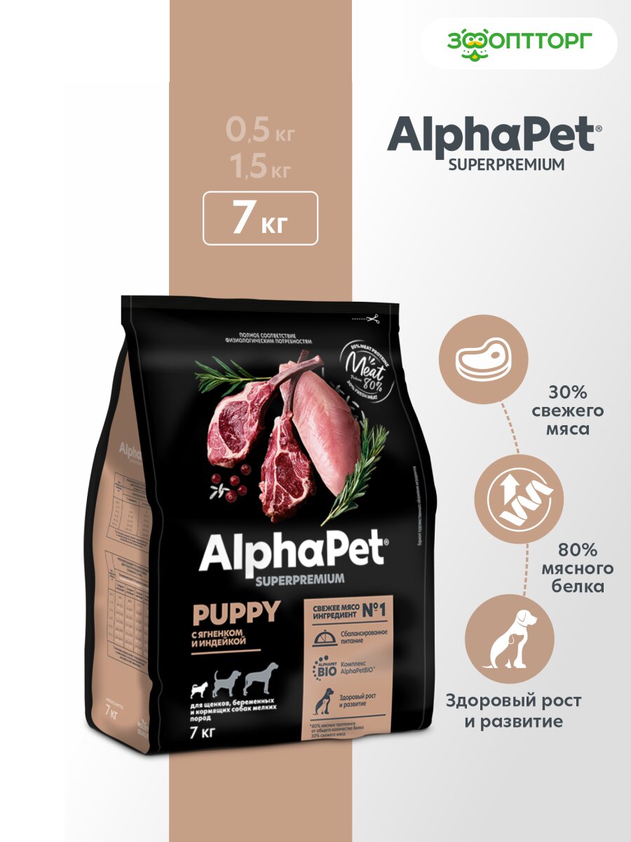 Сухой корм AlphaPet Superpremium для щенков, беременных и кормящих собак мелких пород Ягненок и индейка, 7 кг.