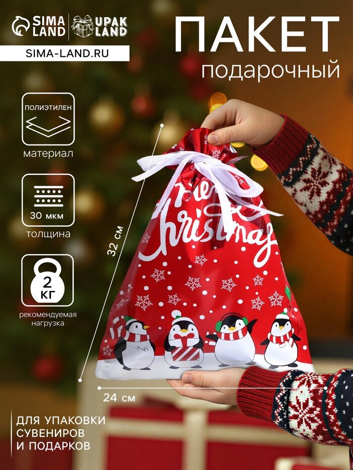 Пакет подарочный новогодний с завязками, Пингвины, 24×32 см, 5 шт.