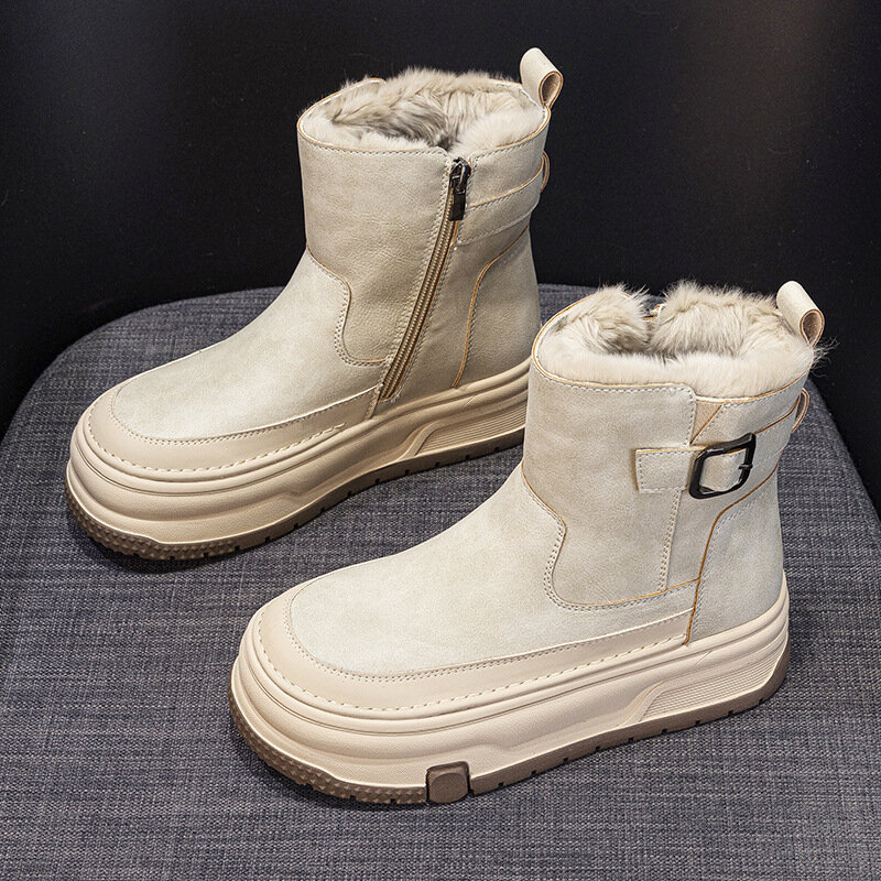 Женские зимние ботинки 2025 года, новые зимние короткие ботинки с утолщенной бархатной подошвой в корейском стиле, теплые, с усиленной нескользящей подошвой, из хлопка