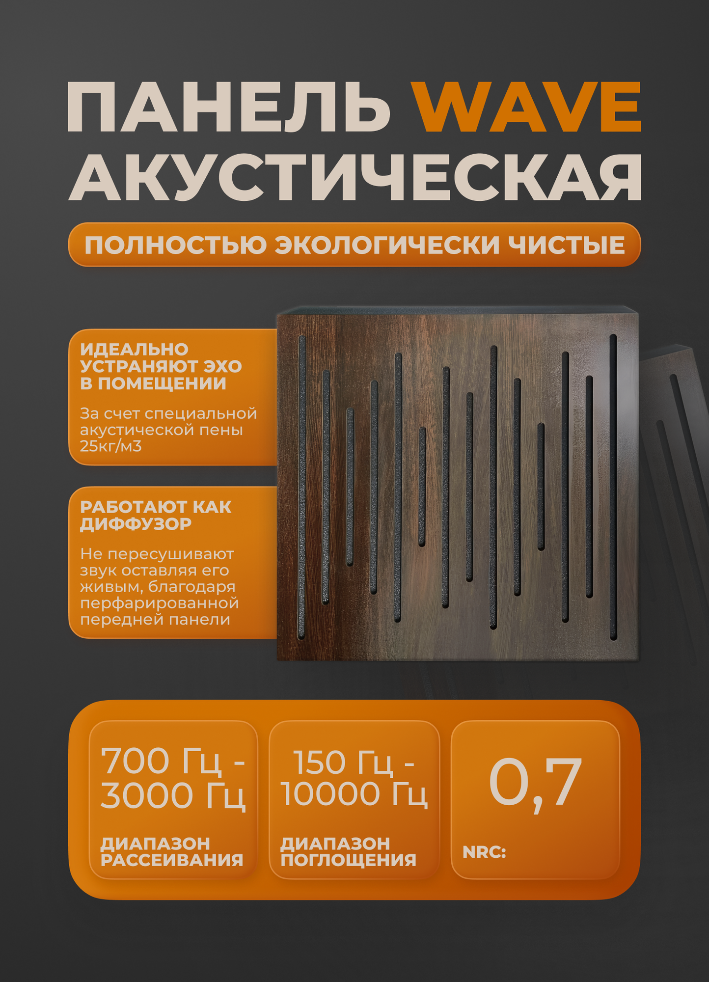 Акустическая панель Wave размеры 500х500х50мм цвет венге глянцевый