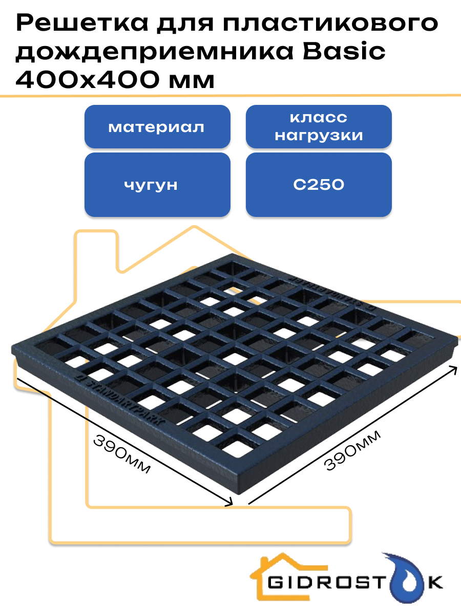 Решетка Basic Рв-39.39 для дождеприёмника 400х400 ячеистая чугунная класс С250