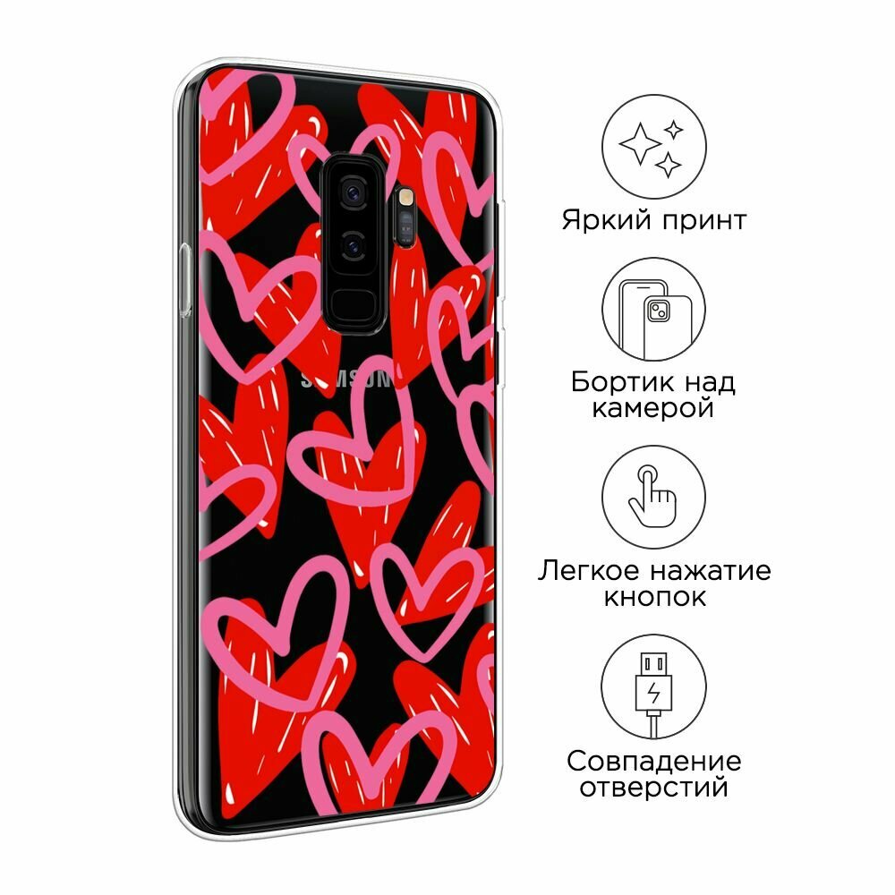 Чехол на Samsung Galaxy S9 + / Самсунг Галакси С9 Плюс с принтом "Hearts doodles - 14 февраля", прозрачный — фото 1