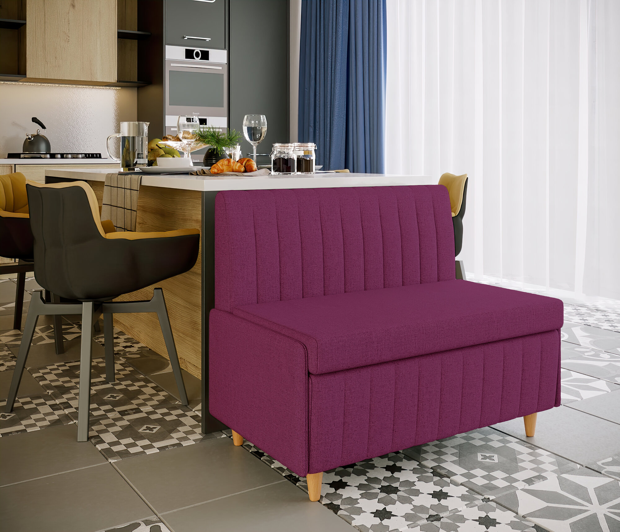 Прямой кухонный диван Мини, Саванна плюс берри, рогожка пинк, ППУ, с ящиком