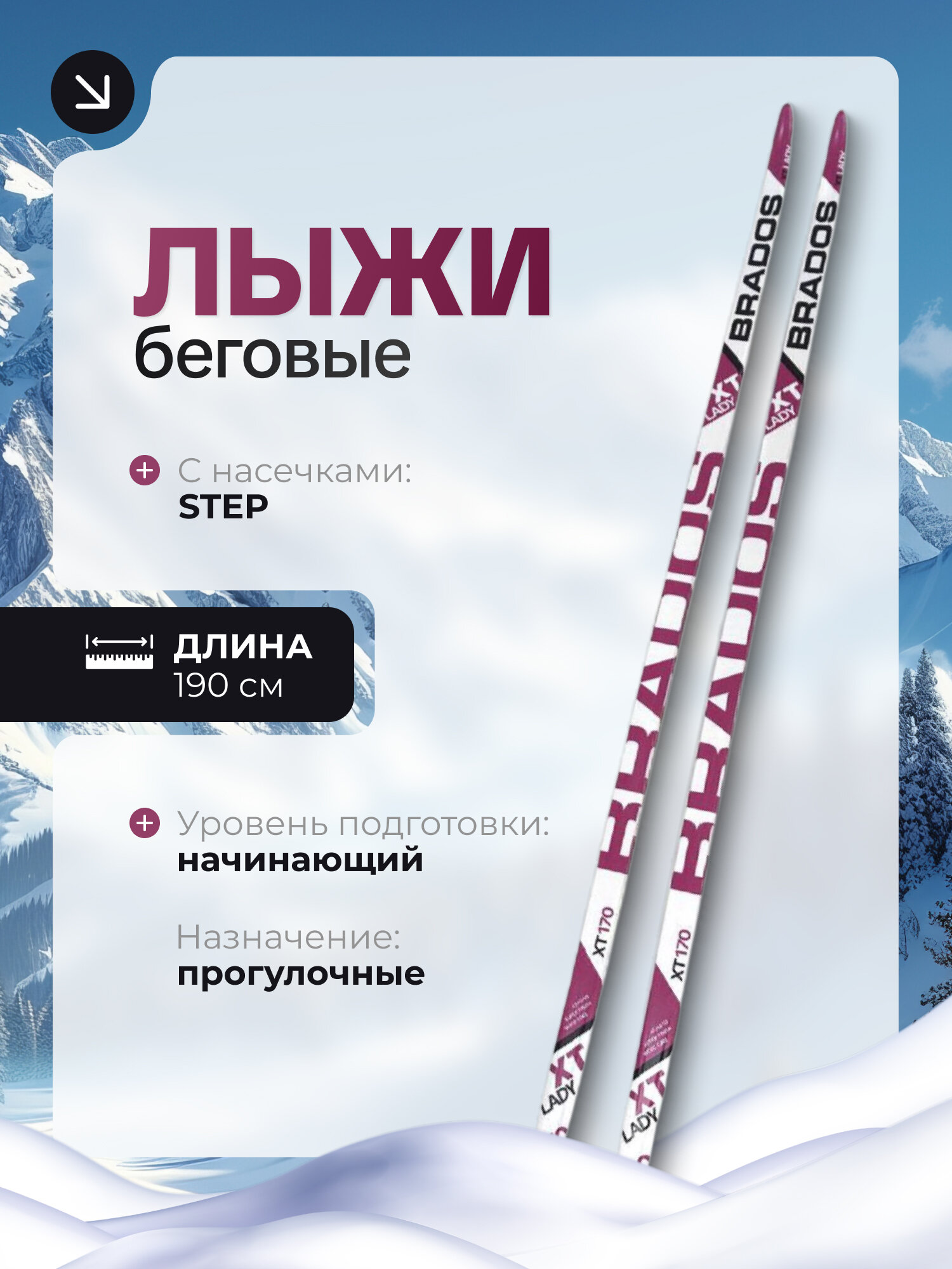 Лыжи беговые пластиковые STC 190 STEP Brados XT Lady, фиолетовый/белый