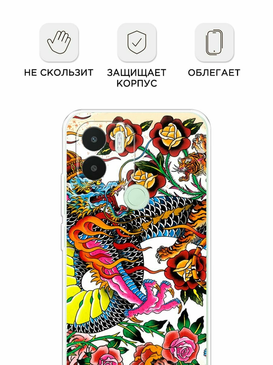 Чехол на Xiaomi Redmi A1+/Redmi A2+/Poco C51/C50 / Редми A1+ с принтом "Дракон в цветах" — фото 1