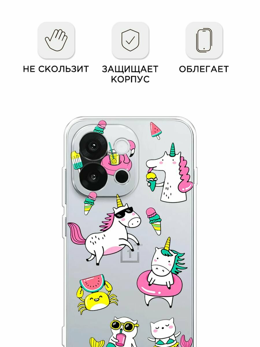 Чехол на OnePlus 13T / Ван Плас 13Т с принтом "Единороги в отпуске", прозрачный — фото 1