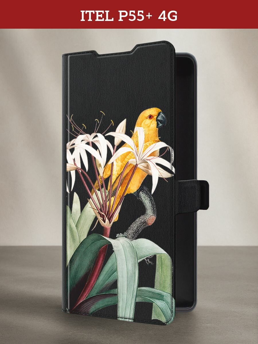 Чехол-книжка на Itel P55 Plus 4G / Ител Р55 Плюс 4G с рисунком "Цветок с попугаем"