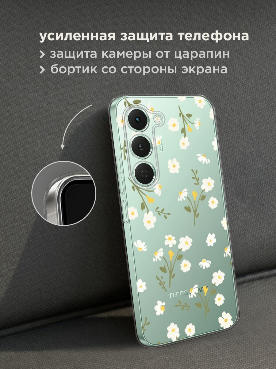 Чехол на Tecno Spark 40 Pro / Текно Спарк 40 Про с принтом "Пучки ромашек паттерн", прозрачный — фото 1