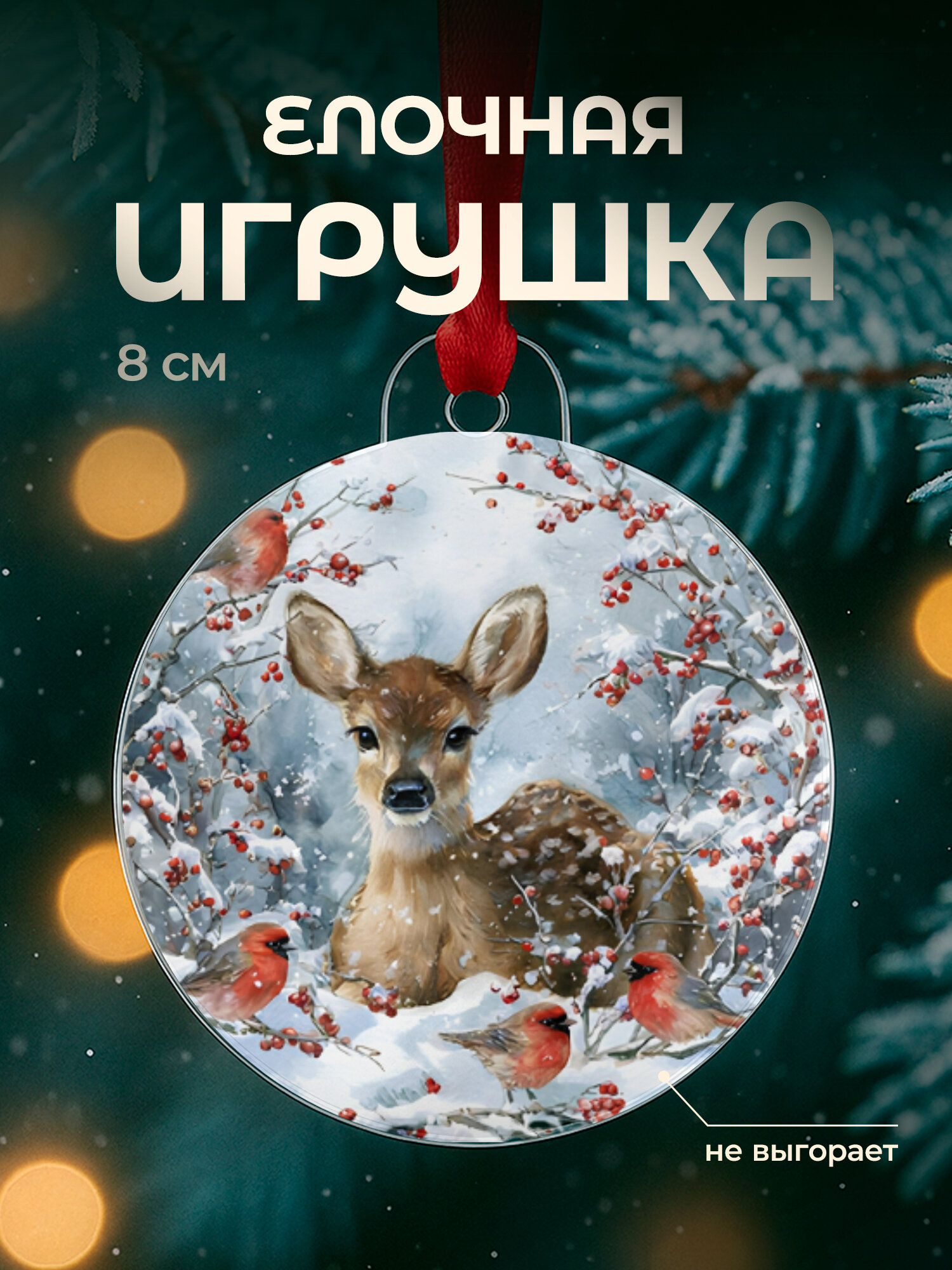 Елочная игрушка новогодняя плоская, акрил, 8 см с принтом олень