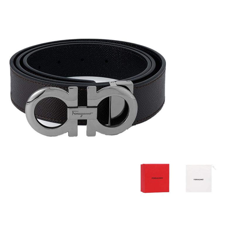 FERRAGAMO Cow Leather Belts Men's Black/Coffee Width 3.5cm 110