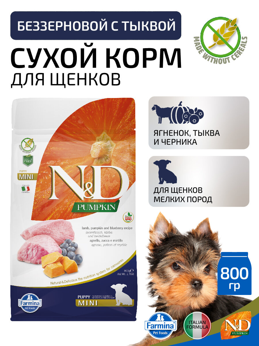 Сухой беззерновой корм для щенков мелких пород Farmina N&D Pumpkin Dog Puppy Mini с ягненком, черникой и тыквой 800 г