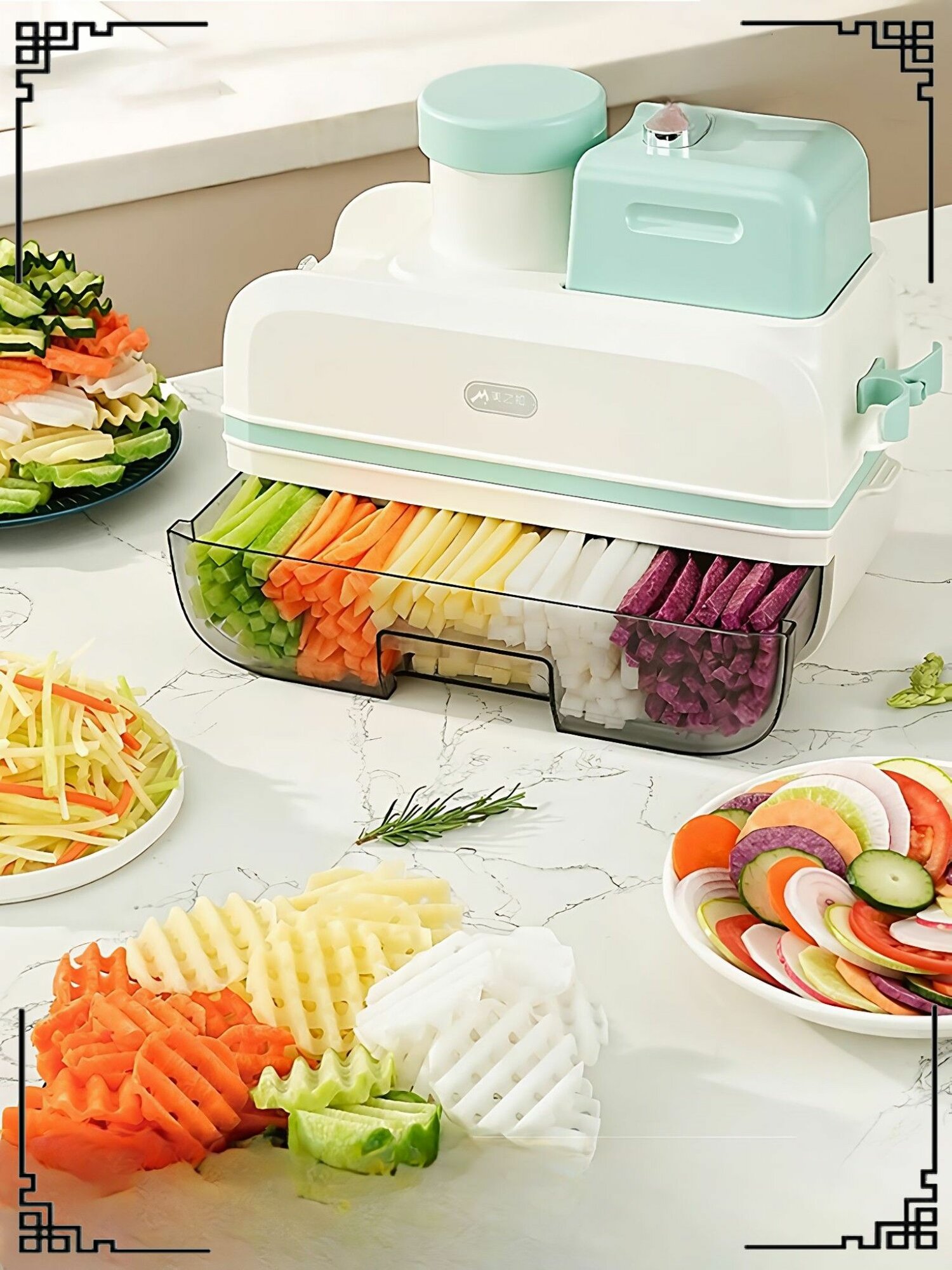 Многофункциональный кухонный комбайн с функциями нарезки ломтиками, шинковки, нарезки брусочками и другими