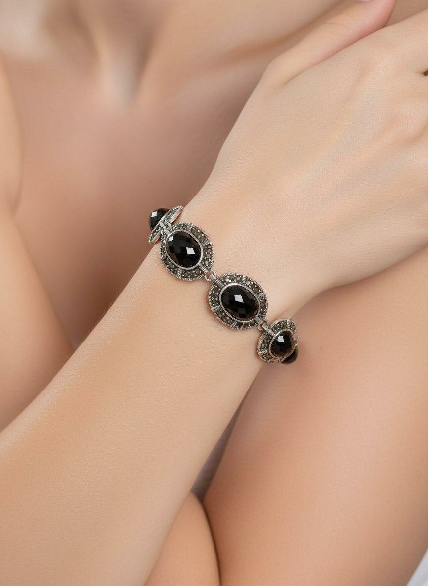 Браслет, серебро, 925 проба, оникс, марказит