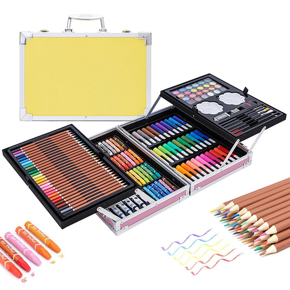 Набор для творчества 145 элементов с алюминиевым кейсом: водноцветные маркеры, палитра, кисти, карандаши, масляные пастели, ластики, тушь для карандашей, яркие цвета, для начинающих, цвет кейса: розовый, синий, желтый (опционально), размер упаковки: