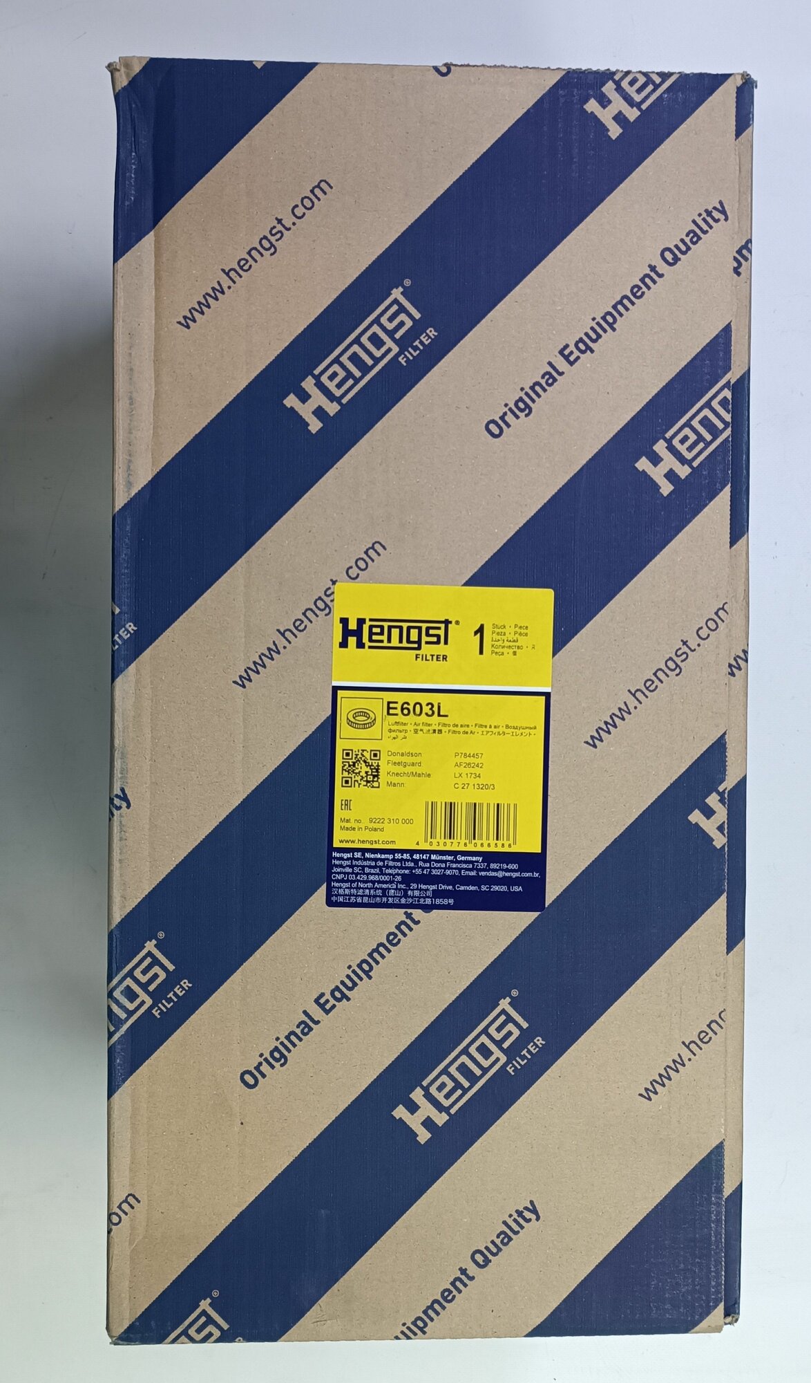 Фильтр воздушный 610267/170 MB Actros II/Axor II , арт. E603L Hengst
