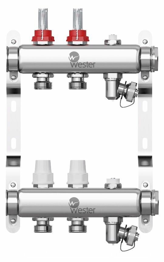 Коллектор 1" из нерж. стали на 2 выходов 3/4"ЕК с расходомерами, группа в сборе, Wester MUFS2134 0-32-1500