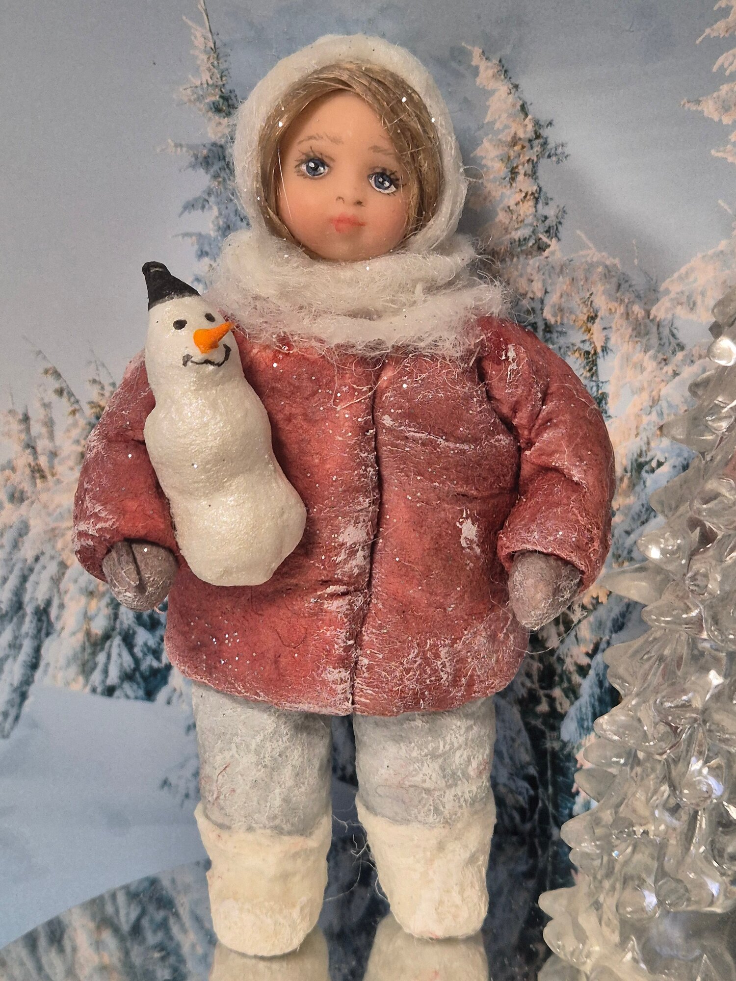 Елочная игрушка "Девочка и снеговик" , авторское исполнение, 12 см, подарок