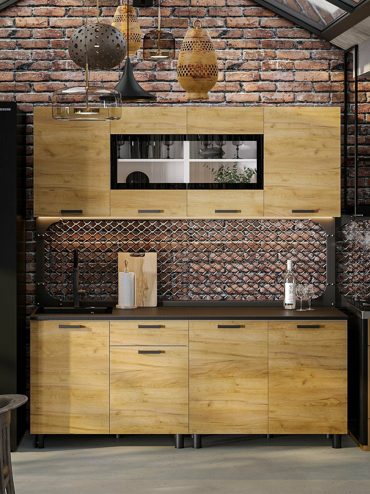 Кухонный гарнитур Абрау 2 м, мебель для дома и кухни, Белый / Дуб золотой / столешница Черный