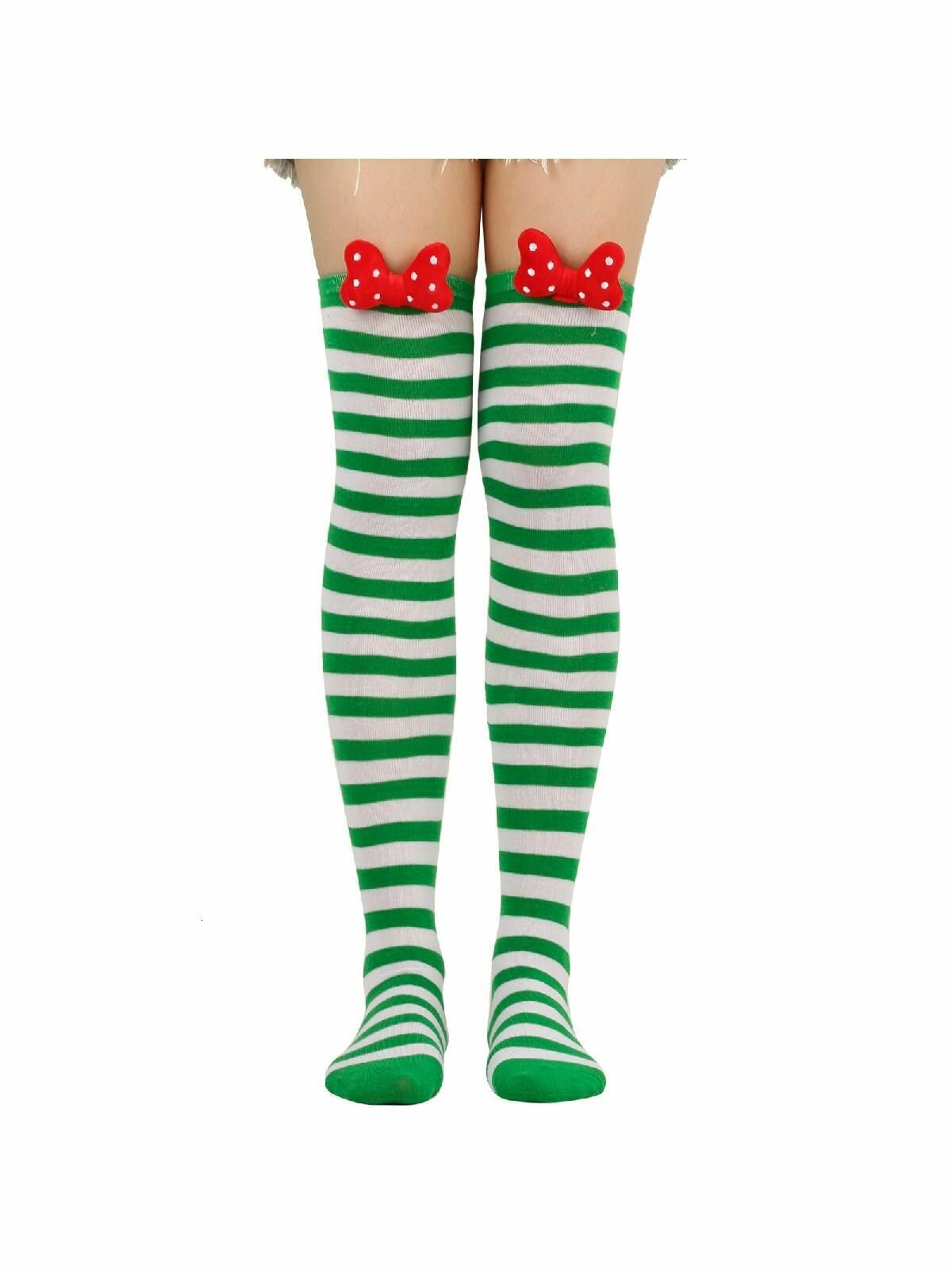 Полосатые гольфы с 3D бантом, - Зеленый и белый тонкий