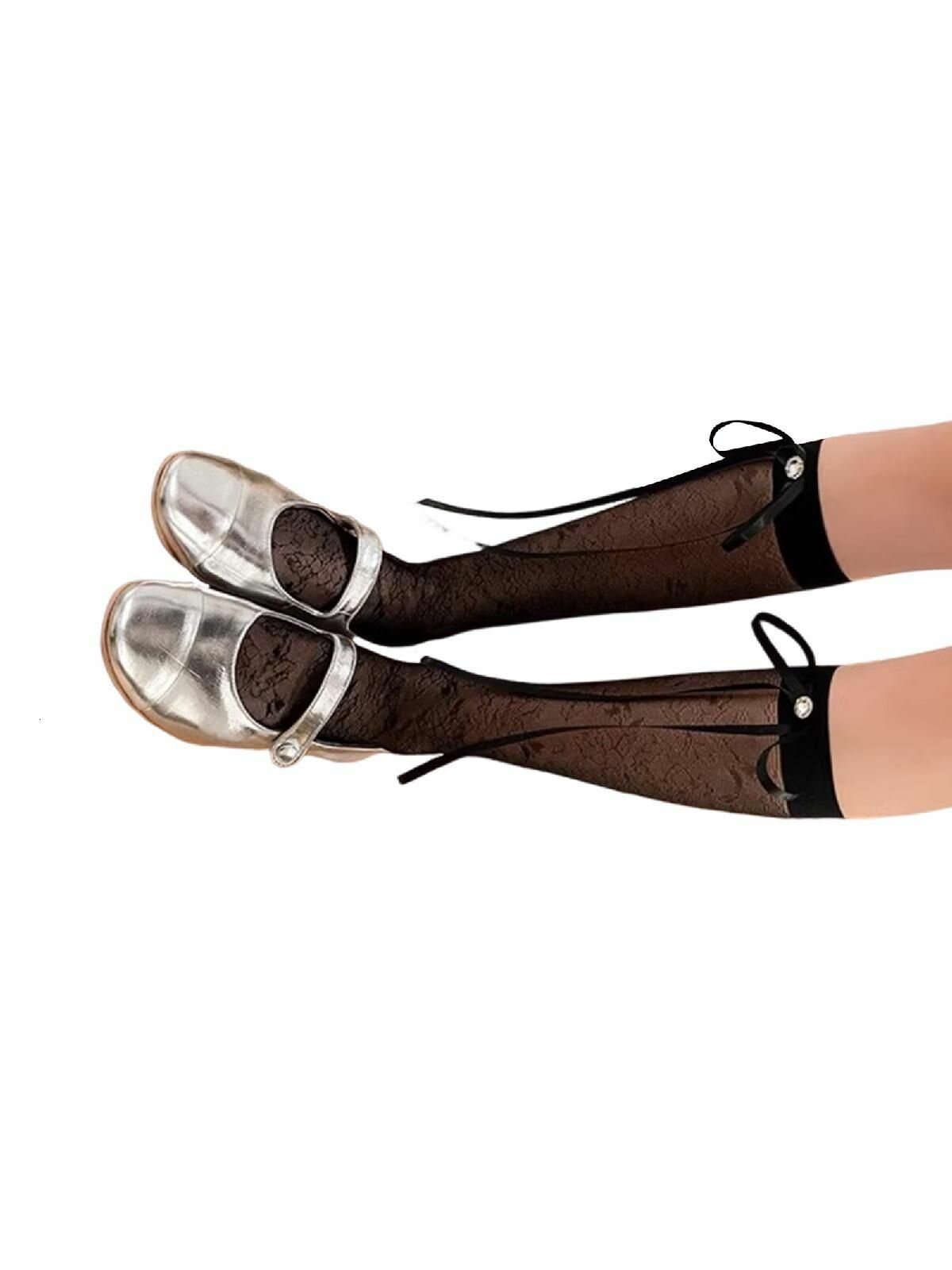 Женские сетчатые гольфы с бусинами и цветами, Черный