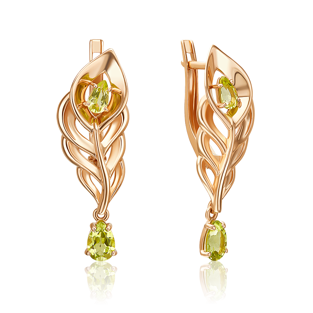 Серьги, золото, 585 проба, хризолит