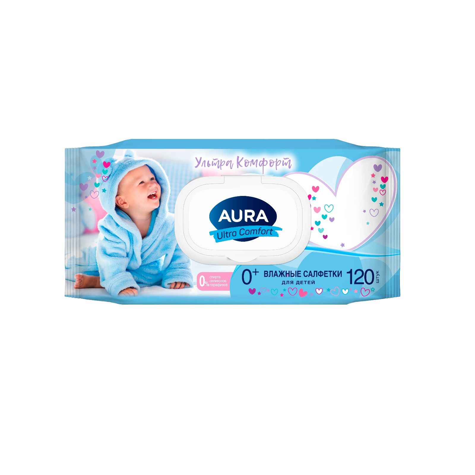 Aura Влажные салфетки Ultra Comfort для детей с экстрактом алоэ, 120 штук в упаковке