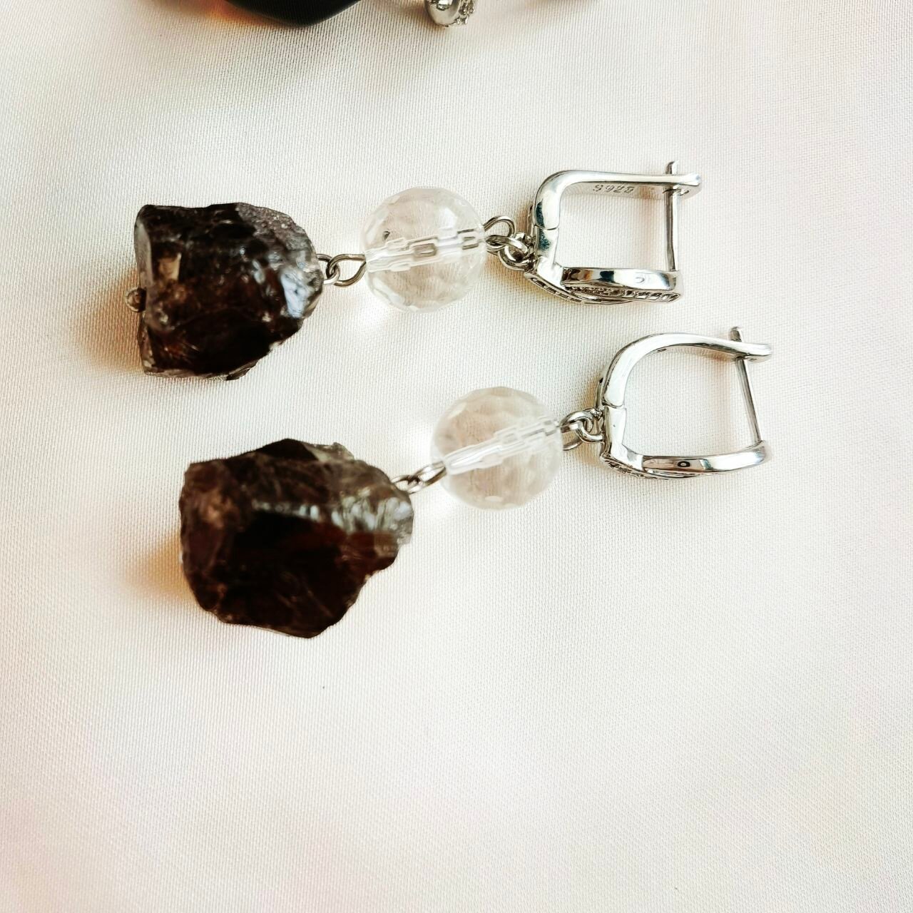 Серьги, горный хрусталь, раухтопаз