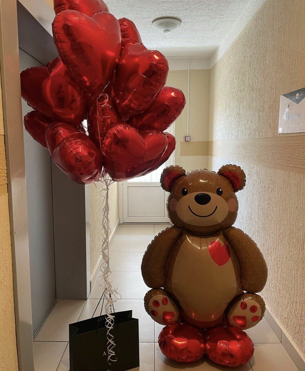Воздушные шары- медведь и 15 сердец